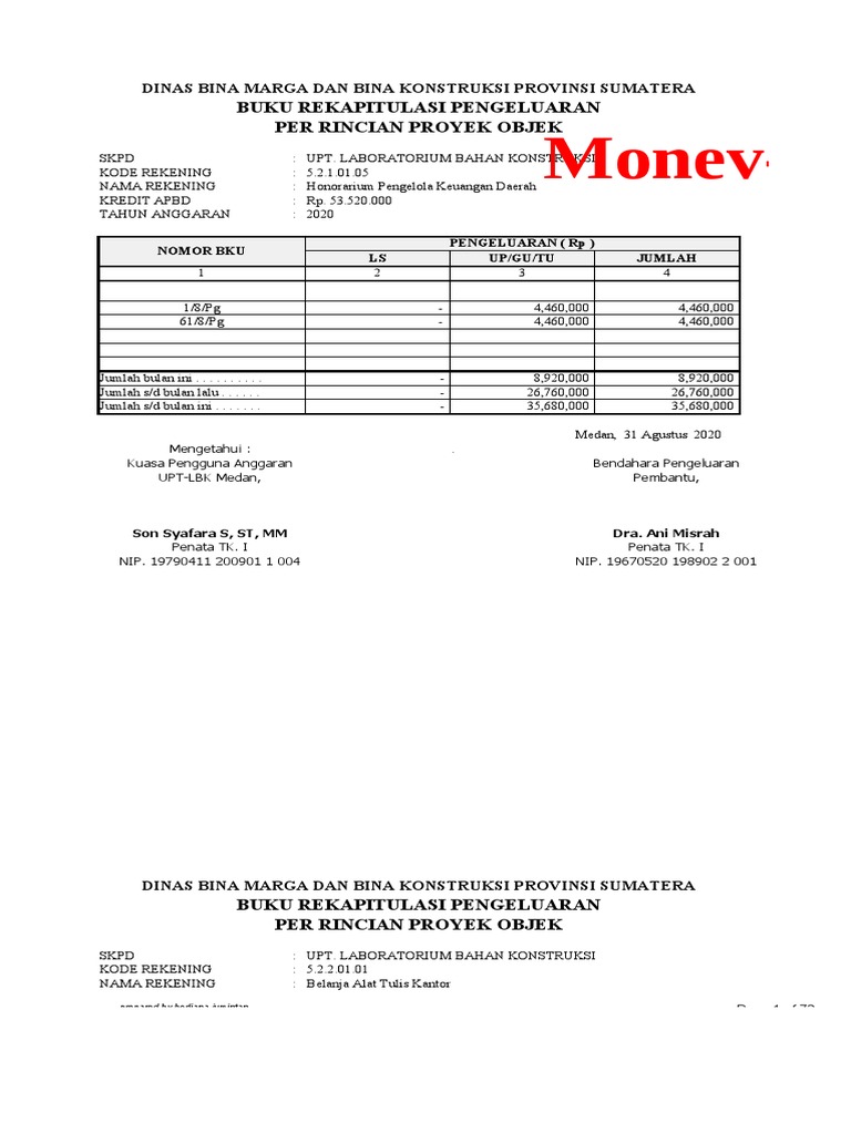 Monev-33: Buku Rekapitulasi Pengeluaran Per Rincian Proyek Objek | PDF