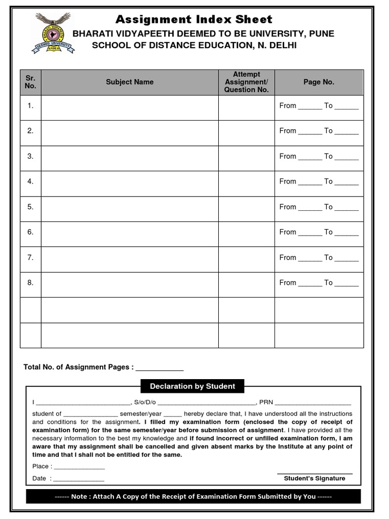 Assignment Index Sheet Template | PDF
