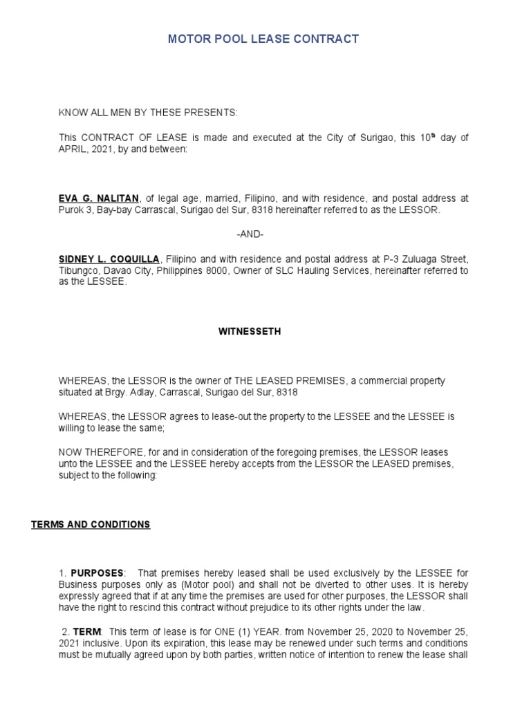 Motor Pool Lease Agreement 2021 | PDF | Finance & Money Management | Law