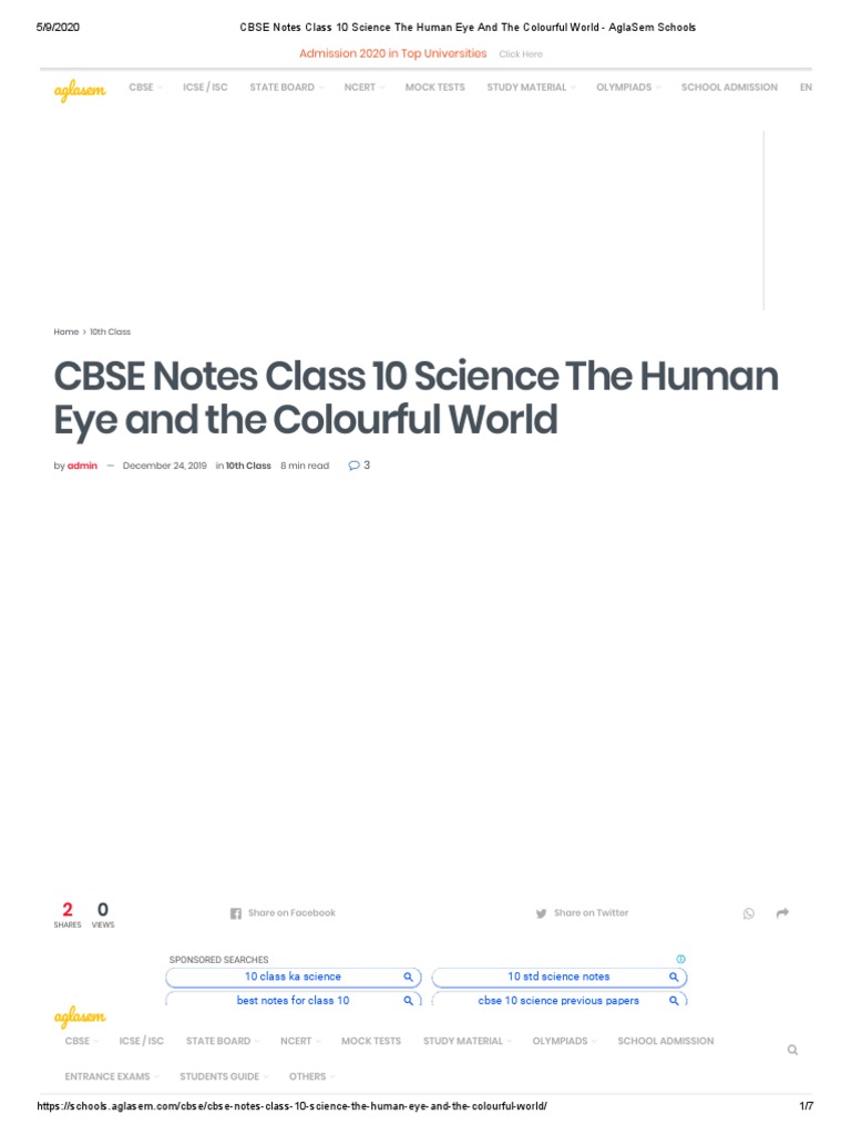 CBSE Notes Class 10 Science The Human Eye and The Colourful World ...