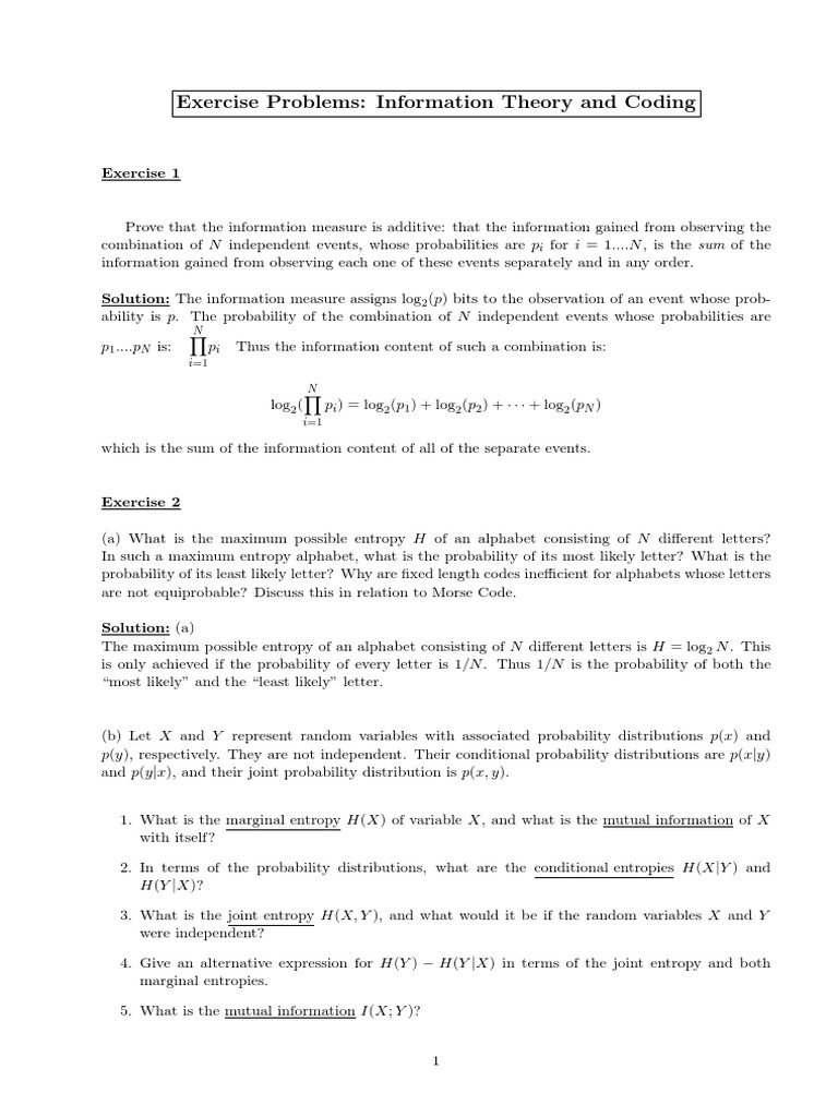 Exercise Problems: Information Theory and Coding | PDF | Random Variable | Probability Distribution