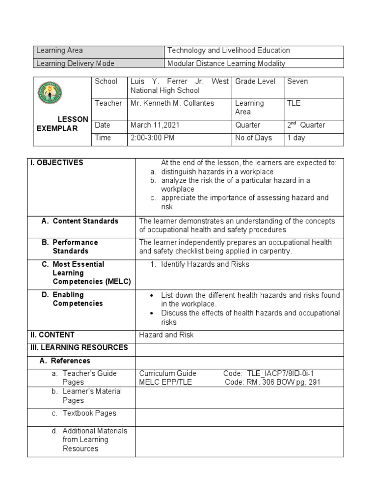IDEA Lesson Exemplar - TLE 7 CARPENTRY - Week 1 | PDF | Occupational ...