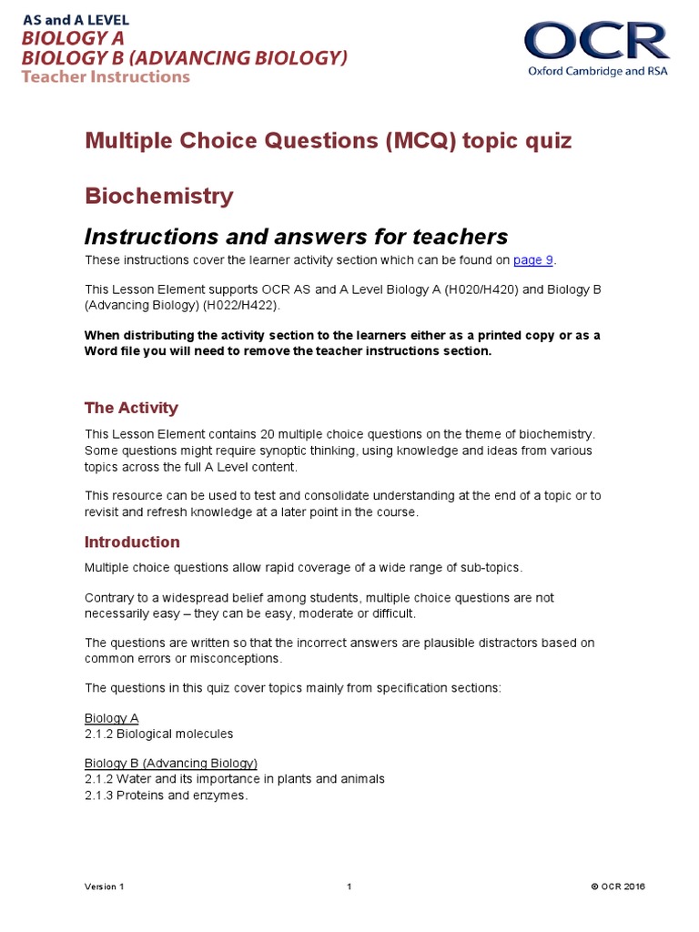 Ocr MCQ | PDF | Hydrolysis | Carbohydrates