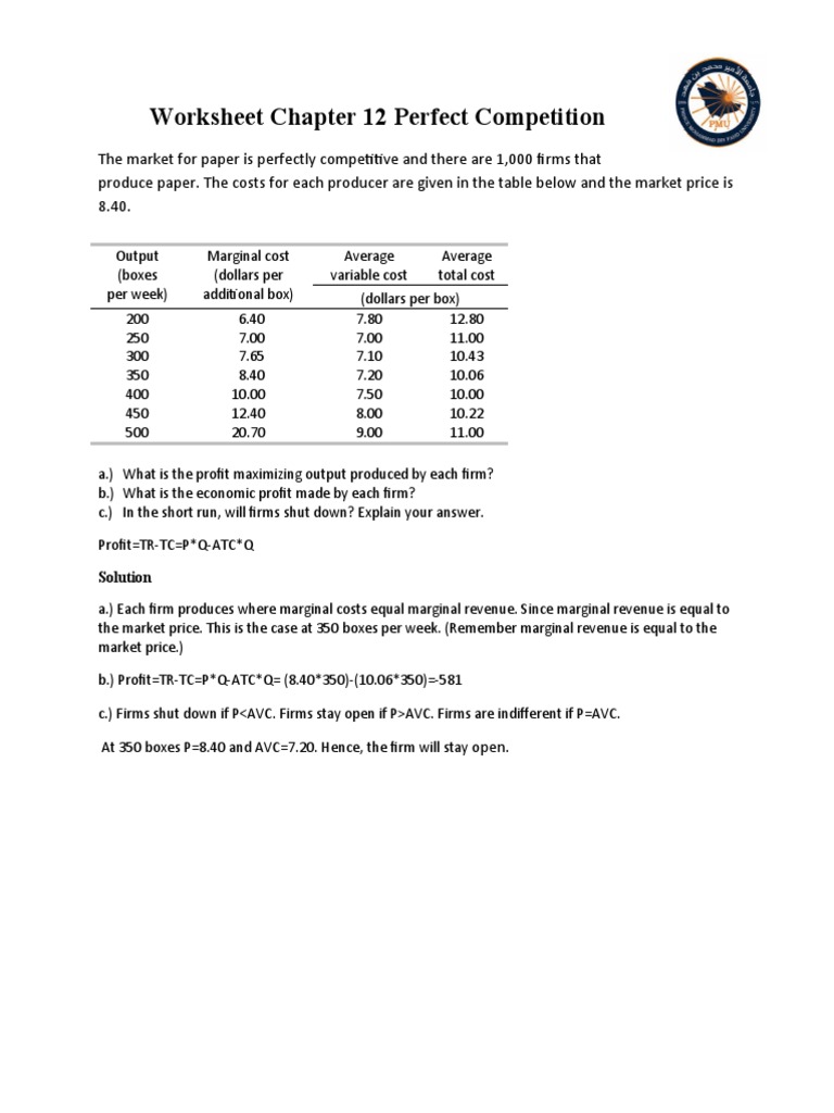 Chapter 12 Perfect Competition Worksheet | PDF
