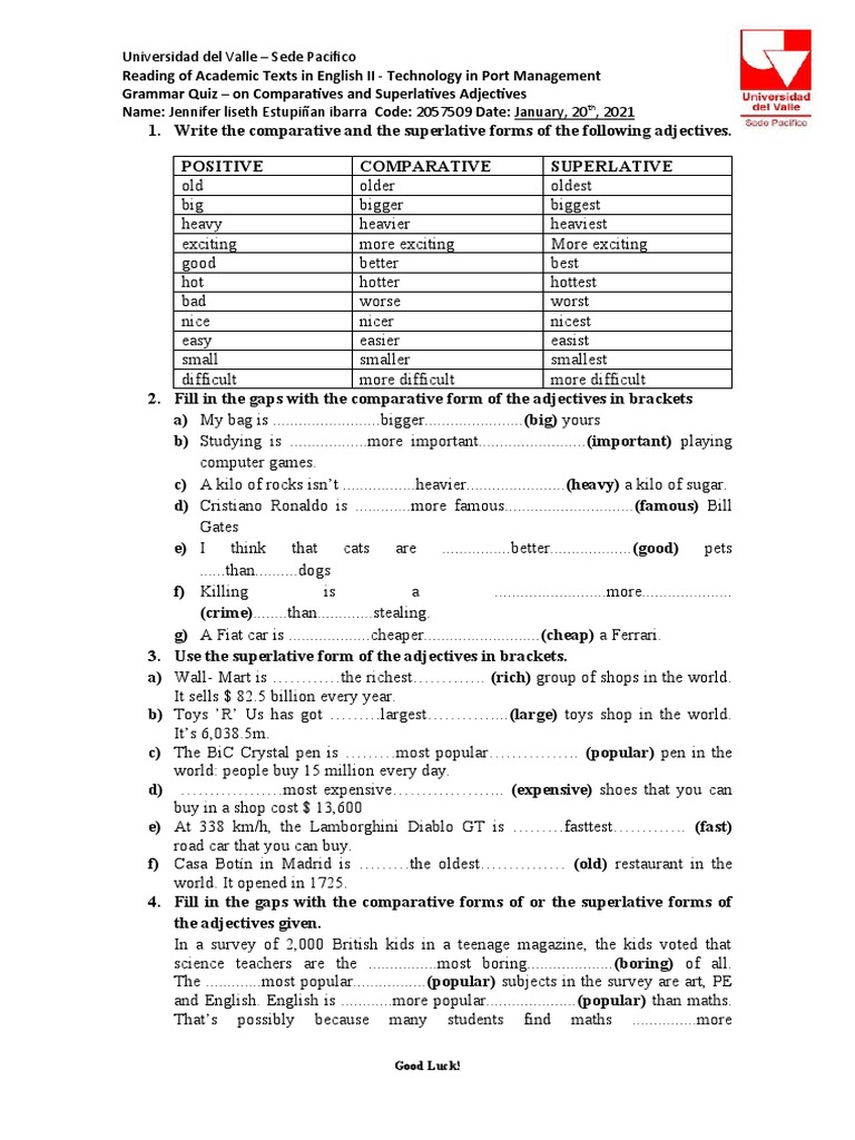 Quiz On Comparatives and Superlatives - Port Management - English II ...