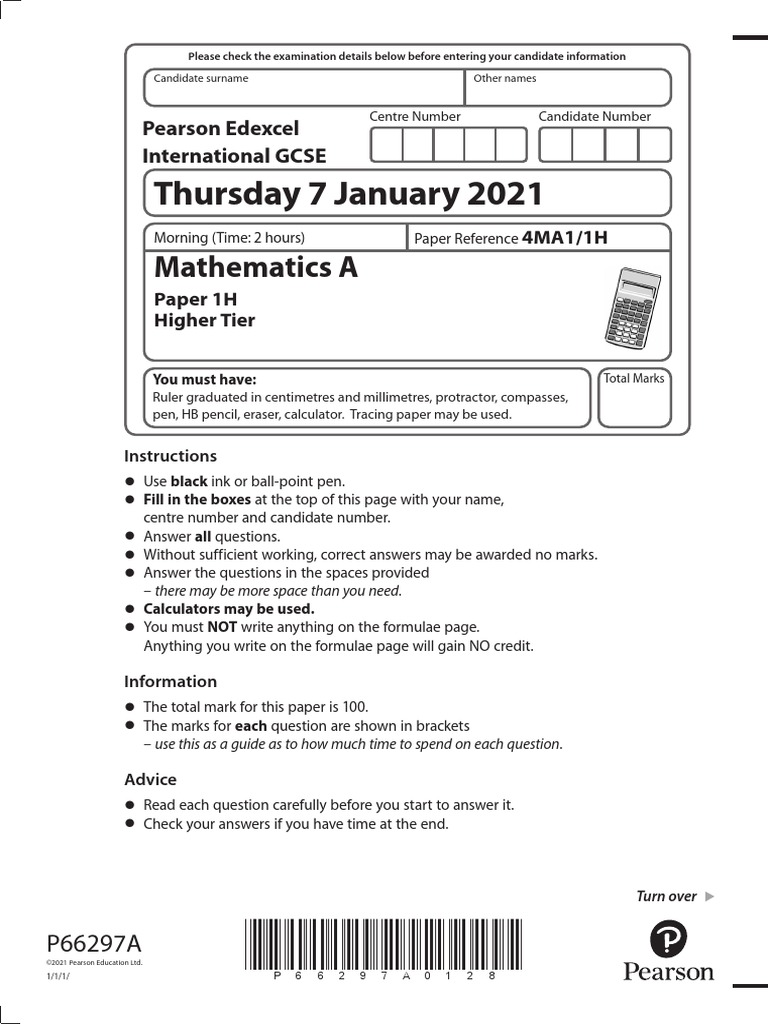 03a IGCSE Maths 4MA1 1H - January 2021 Examination Paper | PDF | Sine ...