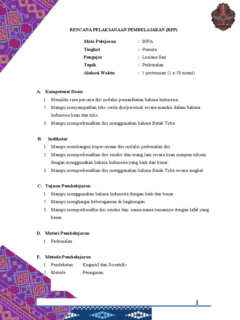 RPP BIPA Pemula: Perkenalan | PDF | Seni & Disiplin Bahasa | Kajian Bahasa Asing