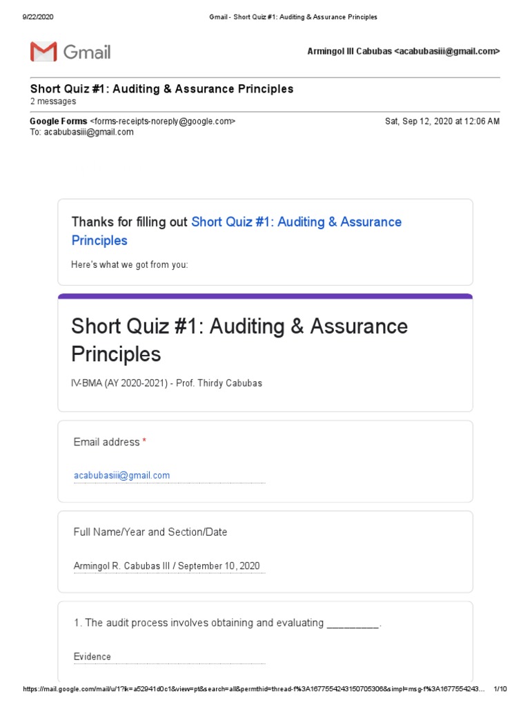 Short Quiz 1 - Auditing Assurance Principles | PDF | Audit | Financial Audit
