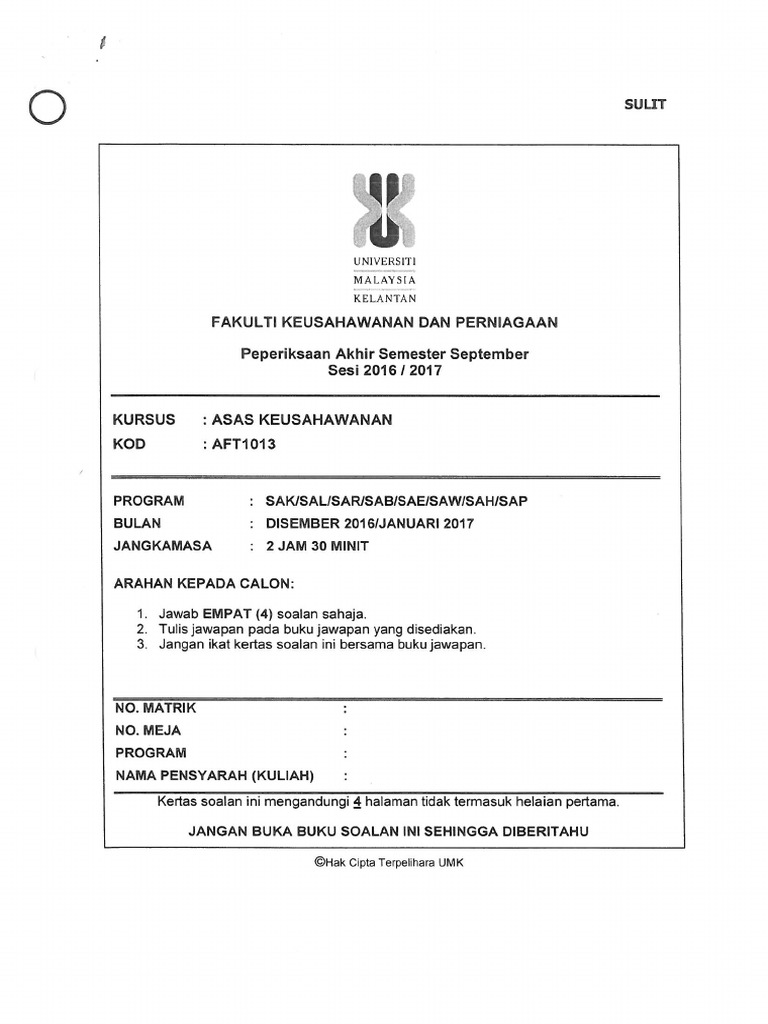 Aft 1013 Sem 1 2016-2017 | PDF