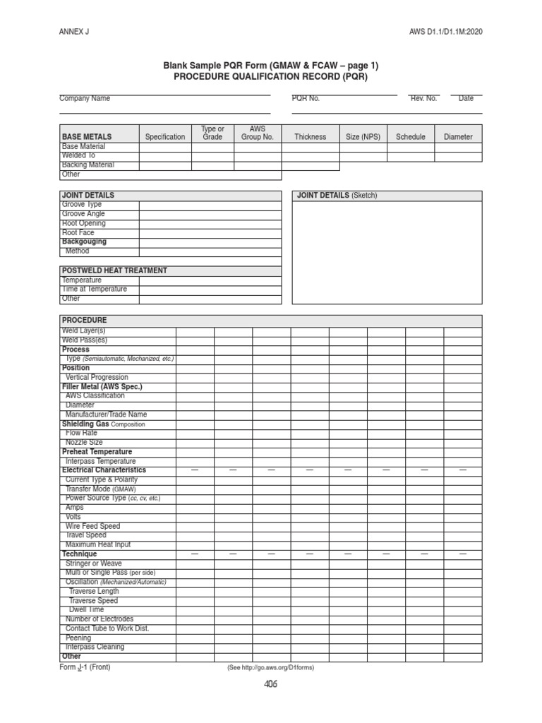 Blank Sample PQR Form (GMAW & FCAW - Page 1) Procedure Qualification Record (PQR) | PDF ...