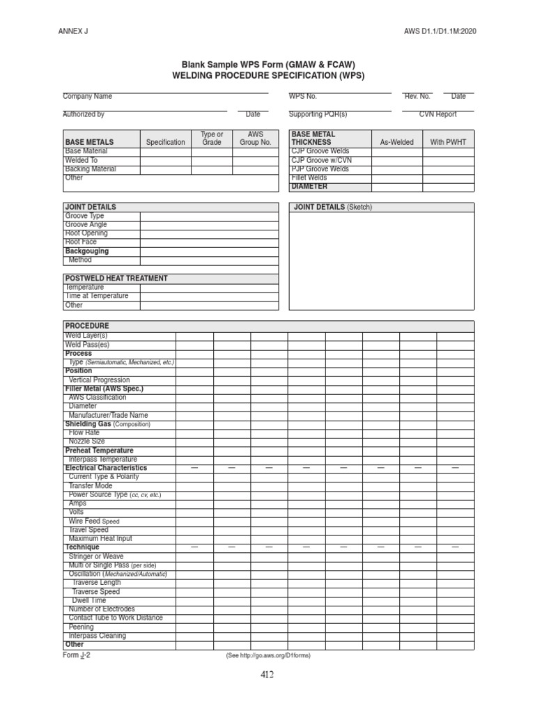 Blank Sample WPS Form (GMAW & FCAW) Welding Procedure Specification (WPS) | PDF | Welding ...
