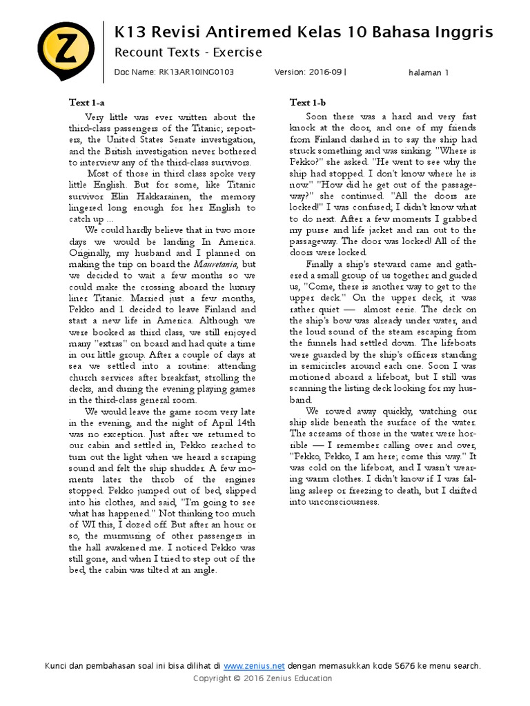 K13 Revisi Antiremed Kelas 10 Bahasa Inggris: Recount Texts - Exercise ...