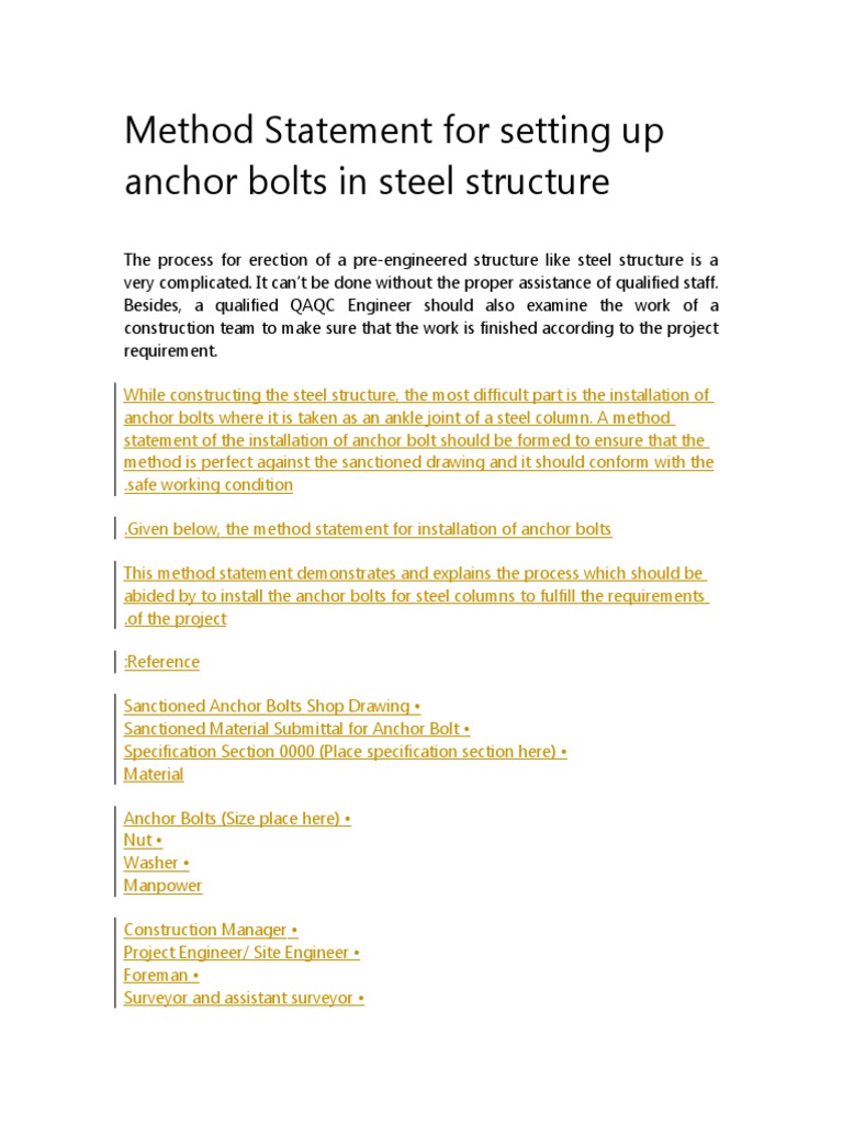 Method Statement For Setting Up Anchor Bolts in Steel Structure | PDF ...