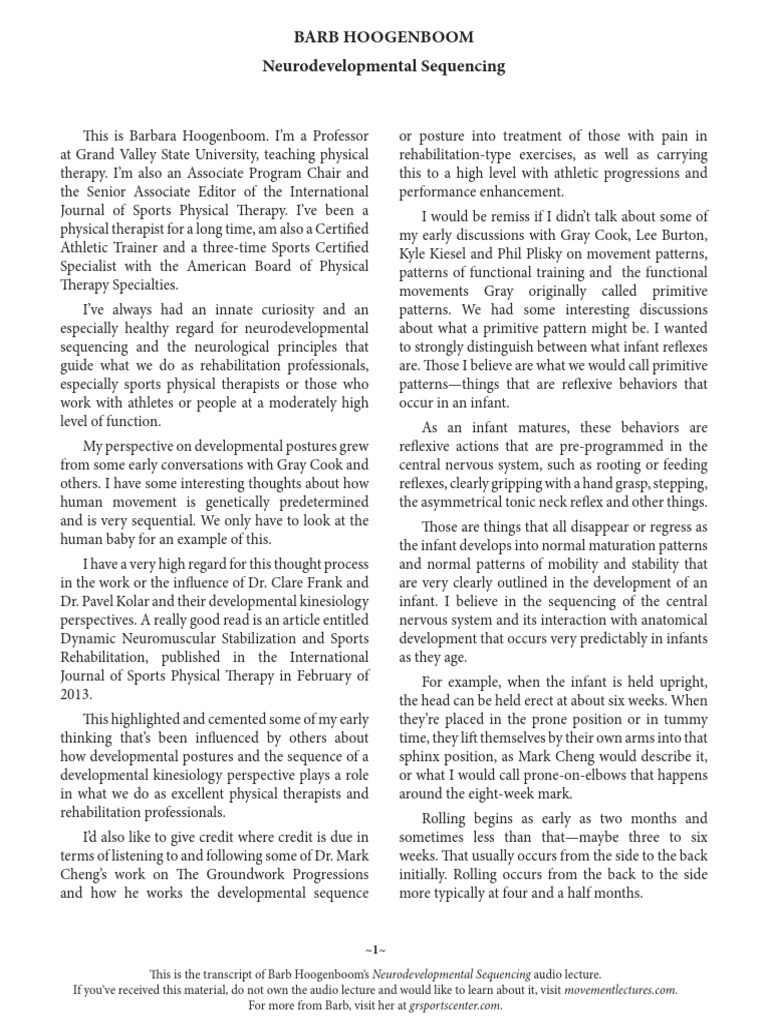 Barb Hoogenboom Neurodevelopmental Sequencing | PDF | Physical Therapy ...