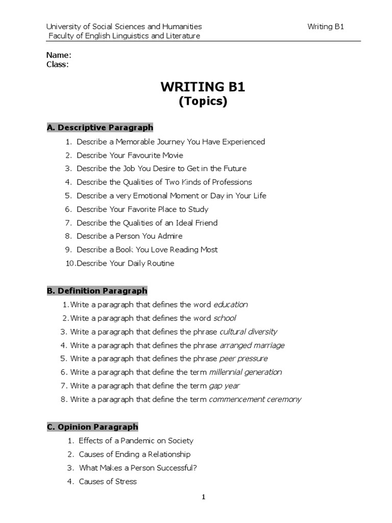 USSH - Writing B1 - Topics | PDF | Humanities | English Language