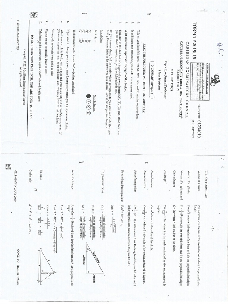CSEC January 2019 Mathematics P1 | PDF