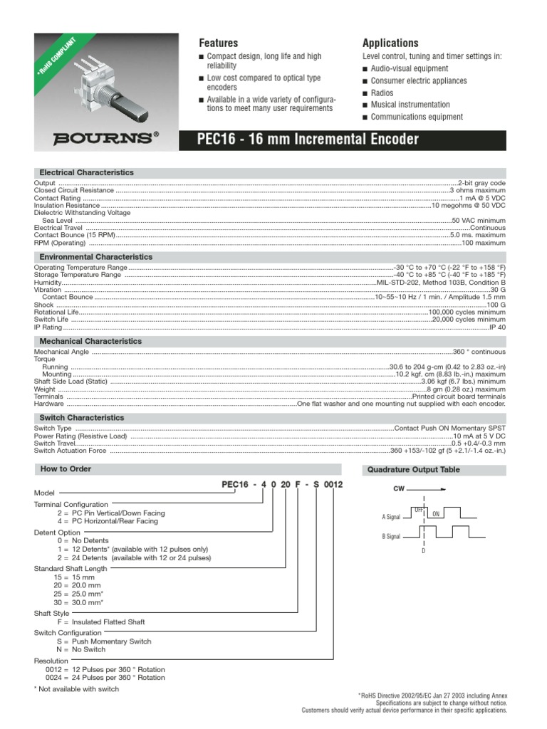 PEC16 - 16 MM Incremental Encoder: Features Applications | PDF | Switch ...
