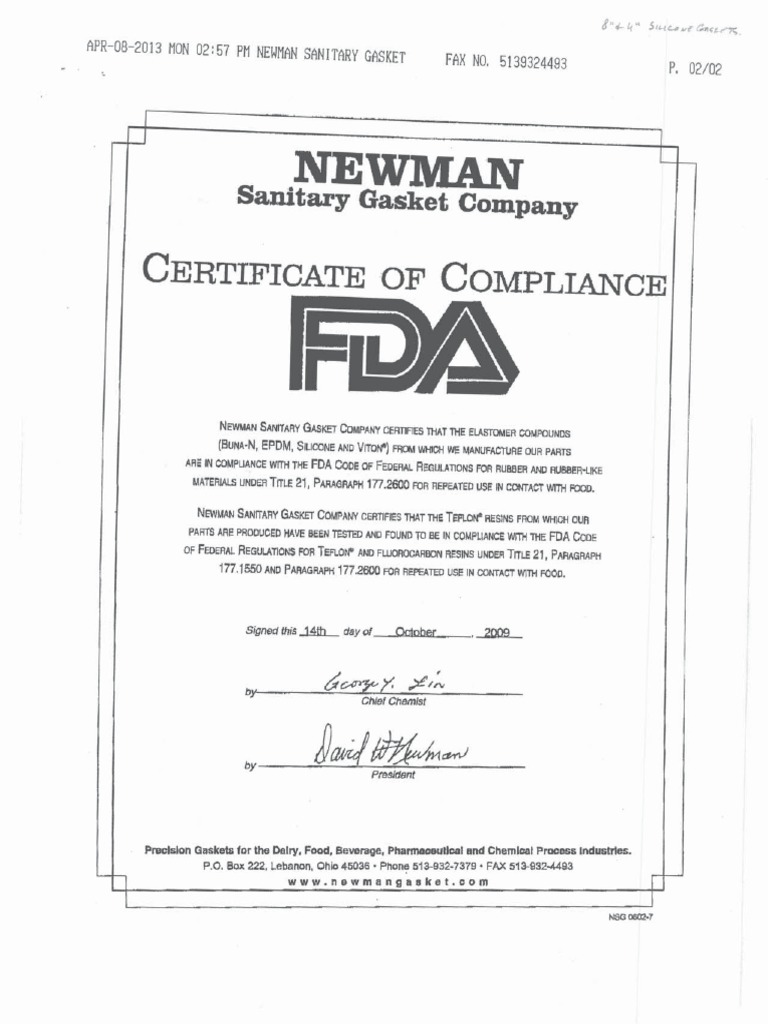 8 and 4 IN. FDA SILICONE GASKETS COC BY NEWMAN SANITARY GASKET COMPANY ...