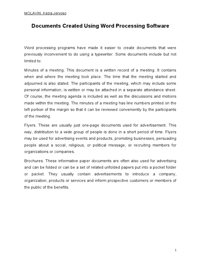 Documents Created Using Word Processing Software: MOLAVIN, Kezia Jervoso | PDF