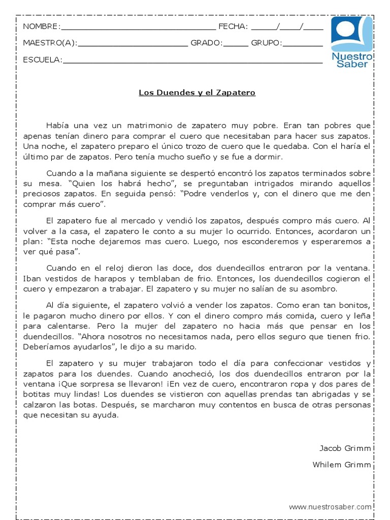 El zapatero y los duendes: cuento infantil | PDF | Zapato | Ropa