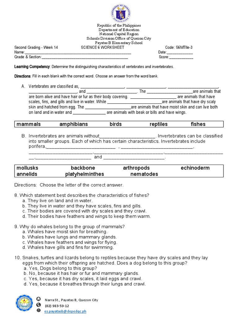 Science 6 Q2 Worksheet Week 14 | PDF | Invertebrate | Egg