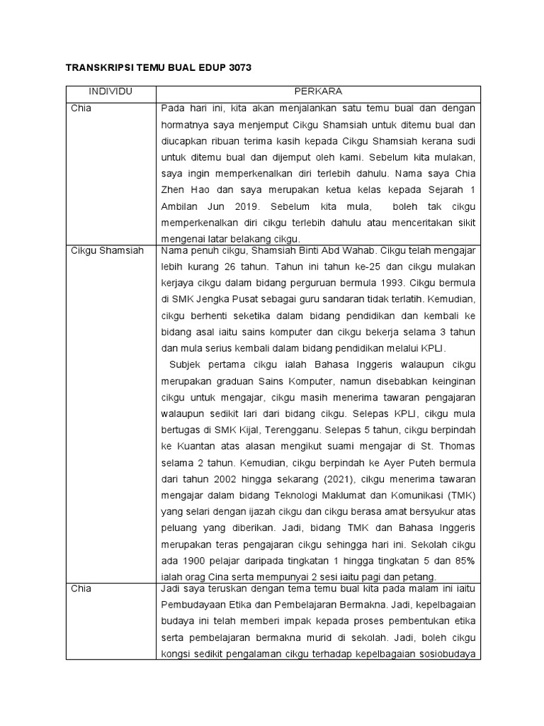 Transkripsi Temu Bual Edup 3073 | PDF