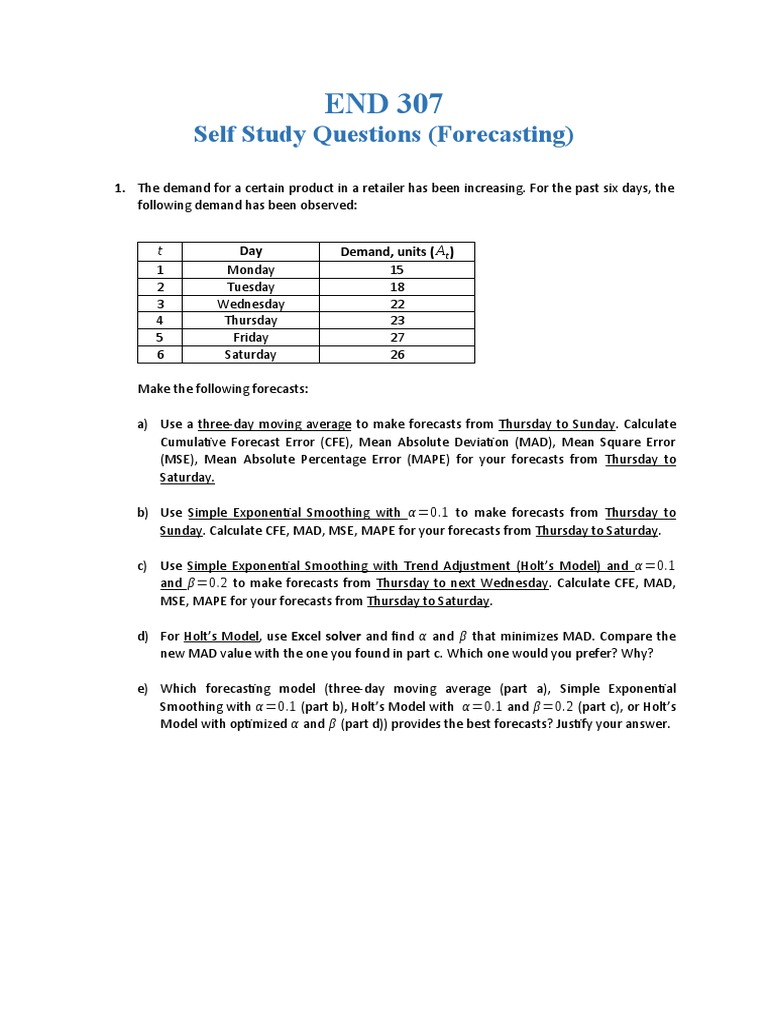 SelfStudy1 Forecasting Questions | PDF | Forecasting | Mean Squared Error