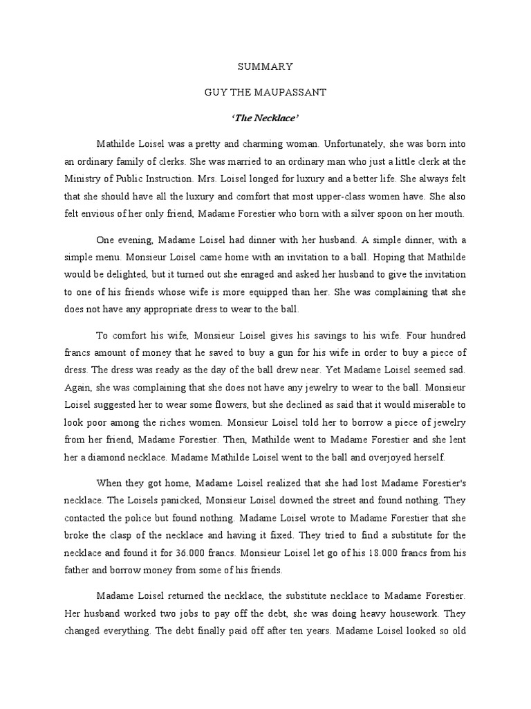Summary of "The Necklace" by Maupassant | PDF | Short Stories | Jewelry