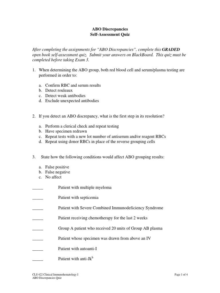 ABO Discrepancies Quiz | PDF | Body Fluids | Animal Physiology