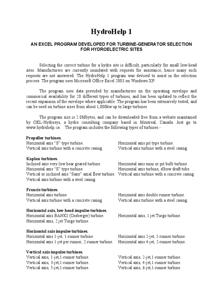 HydroHelp 1: Turbine Selection Tool | PDF | Wind Turbine | Turbine