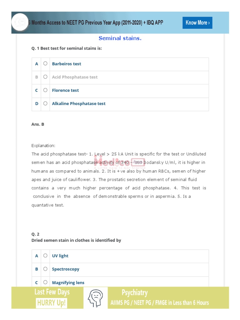 Q. 1 Best Test For Seminal Stains Is | PDF | Semen | Prostate Specific ...