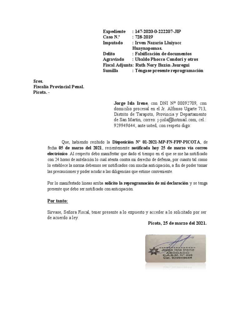 Reprogramacion de Toma de Declaracion | PDF