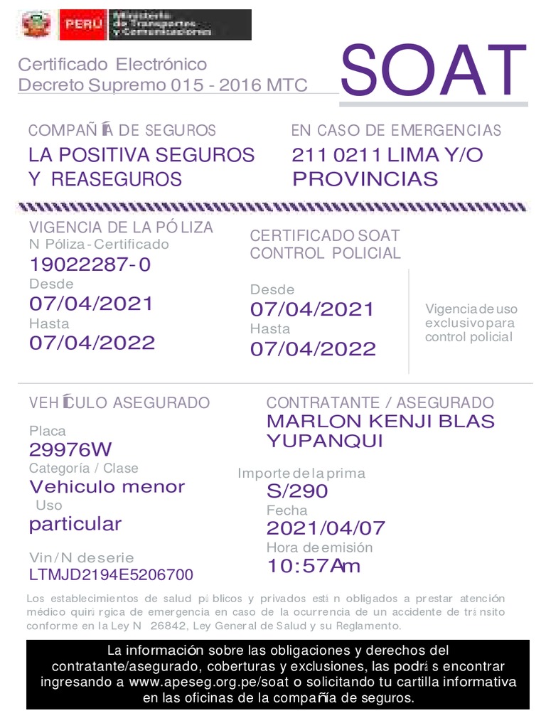 La Positiva Seguros Y Reaseguros 211 0211 LIMA Y/O Provincias | PDF