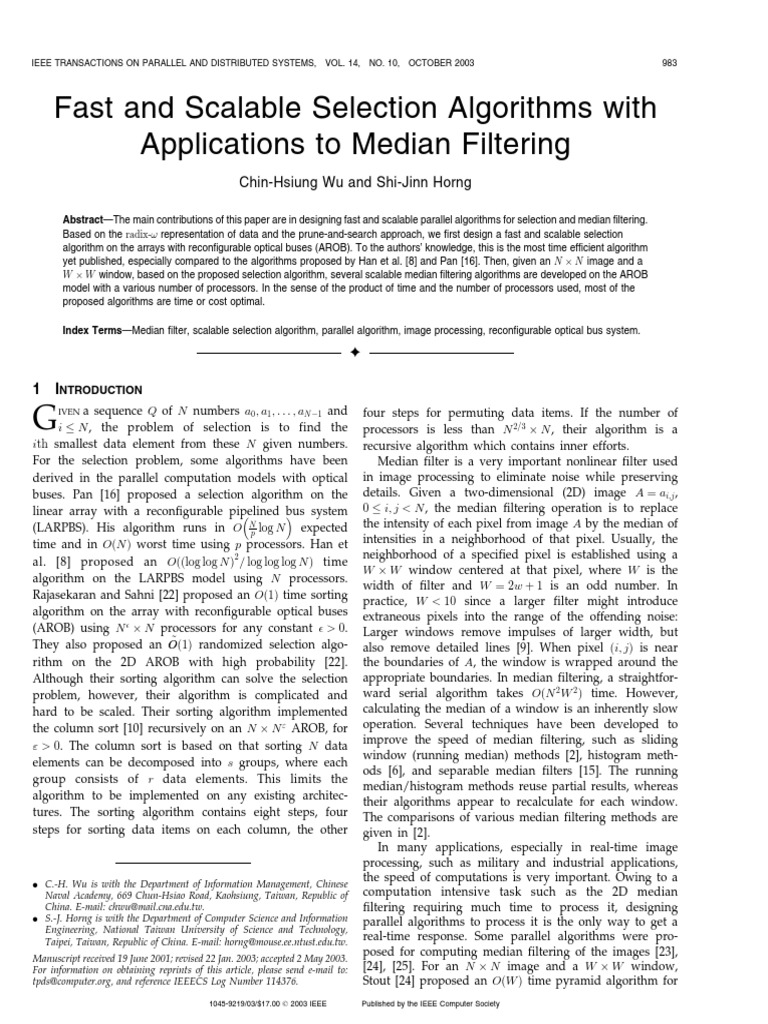 Fast And Scalable Selection Algorithms With Applications To Median Filtering Pdf Parallel