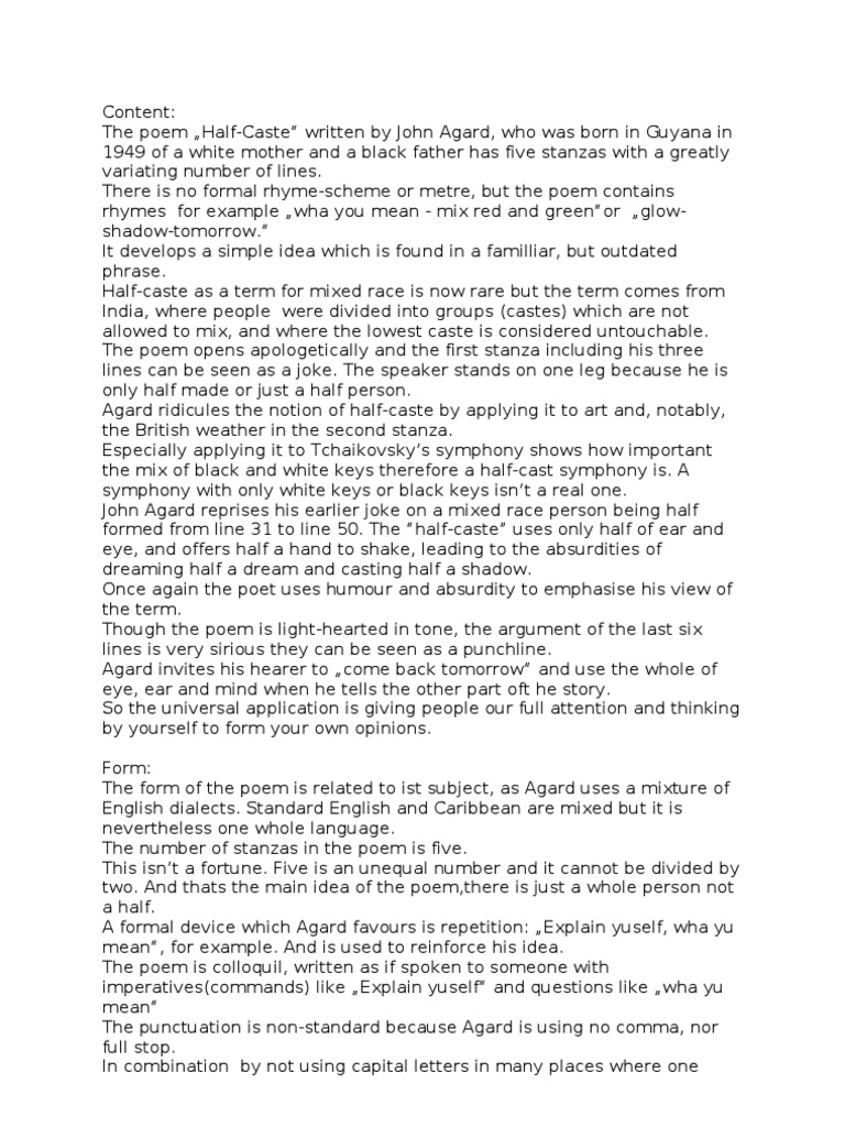 Half-Caste | Poetry | English Language