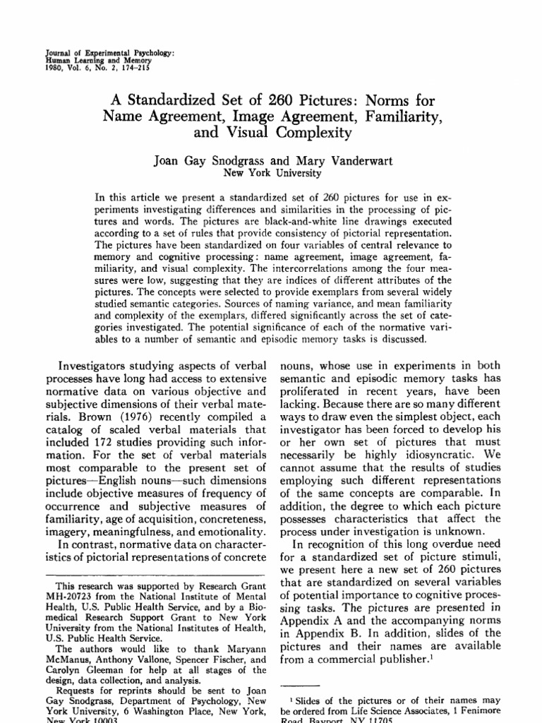 Snodgrass (1980) A Standardized Set of 260 Pictures. Norms For Name ...