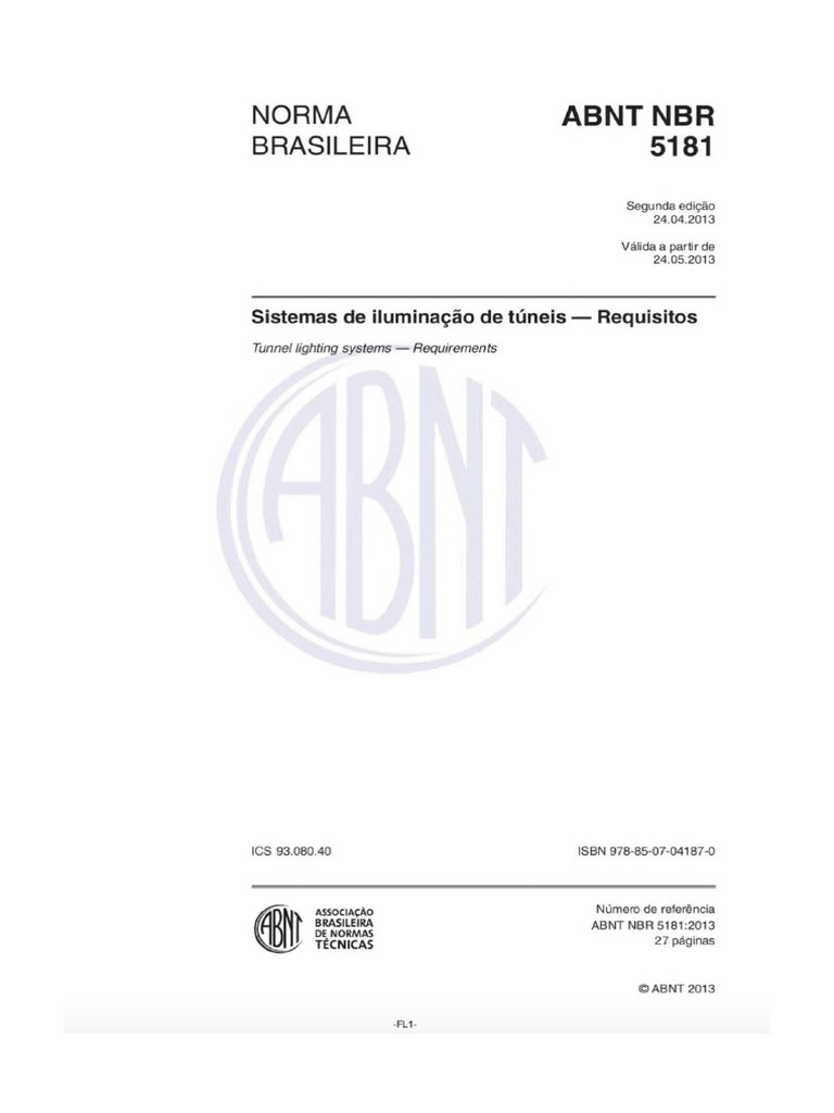NBR 5181 de 04.2013 - Sistemas de Iluminação de Túneis - Requisitos | PDF