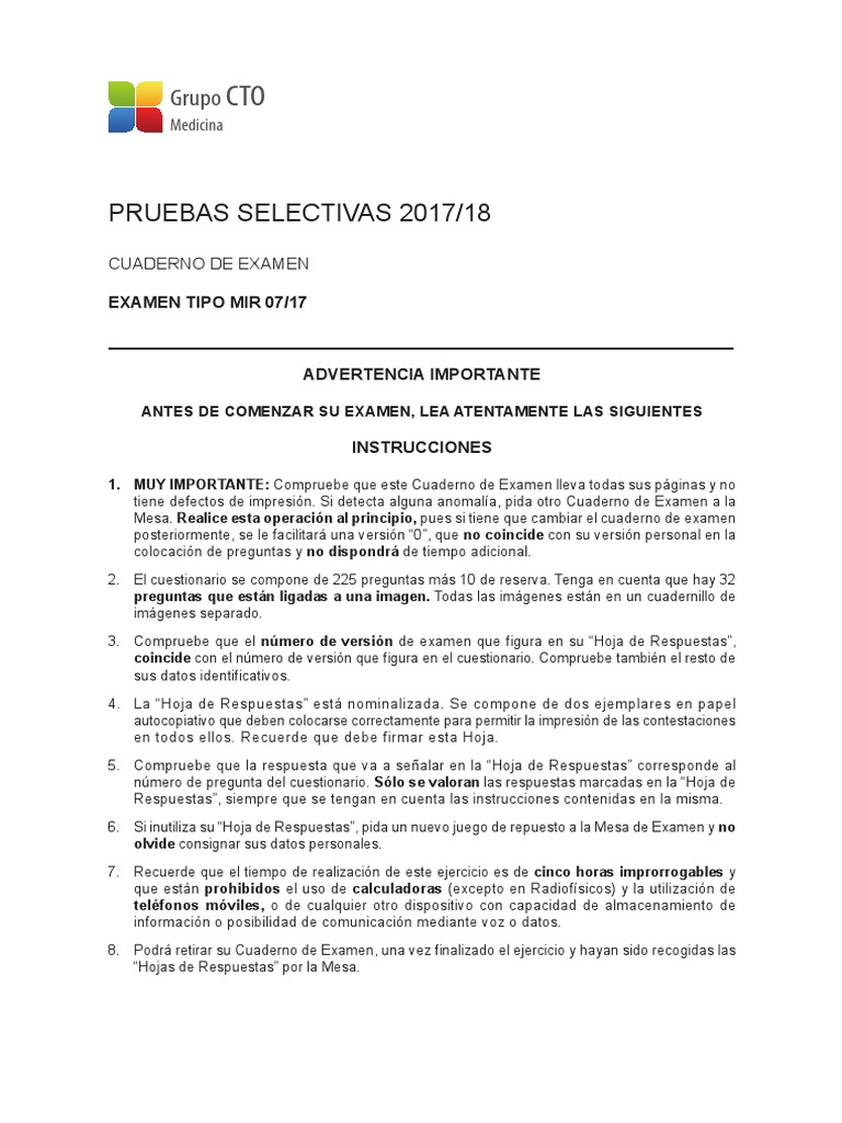 Examen Tipo MIR 2017/18: Instrucciones y Preguntas | PDF ...
