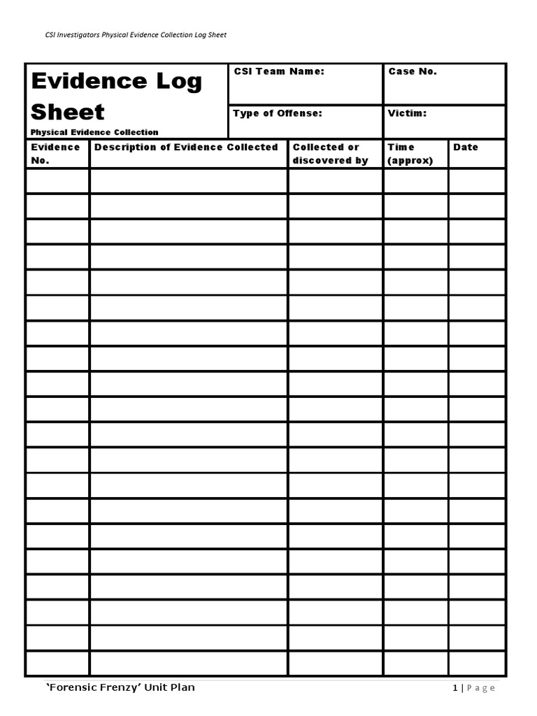 Evidence Log Sheet: CSI Team Name: Case No | PDF