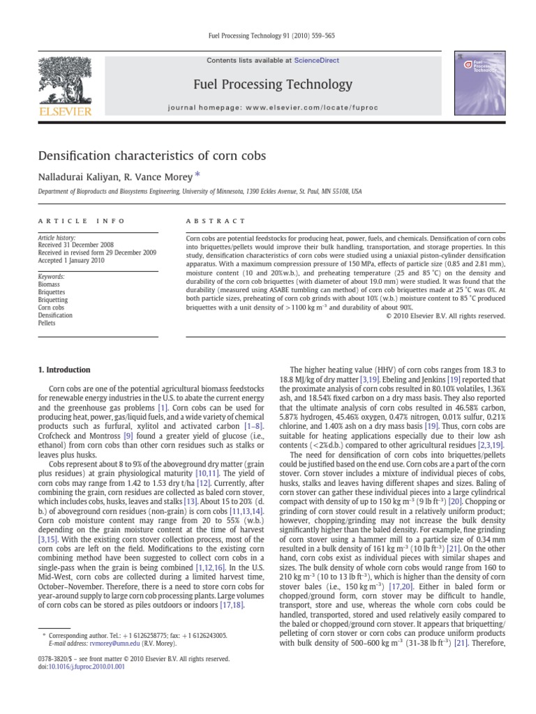Fuel Processing Technology: Nalladurai Kaliyan, R. Vance Morey | PDF | Maize | Mill (Grinding)