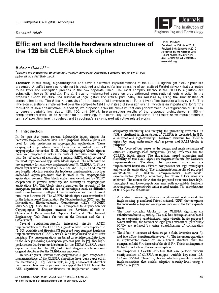 2019-Efficient and Flexible Hardware Structures Ofthe 128 Bit CLEFIA Block Cipher | PDF ...