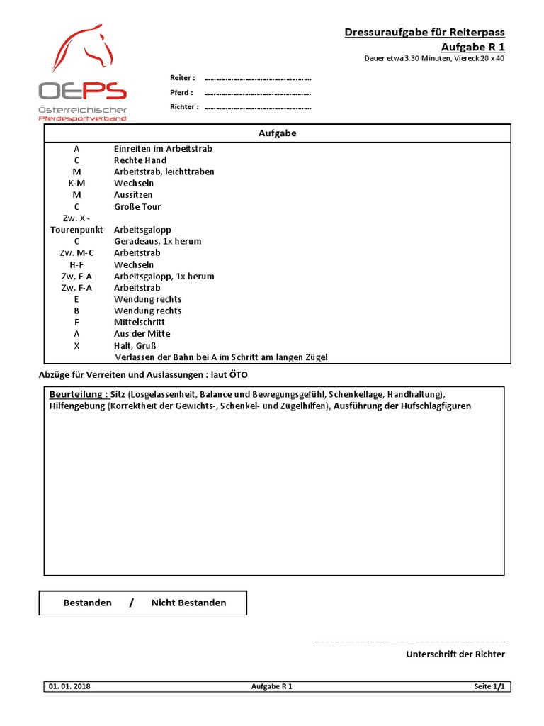 Dressuraufgabe Für Reiternadel Dressur Aufgabe R1 | PDF