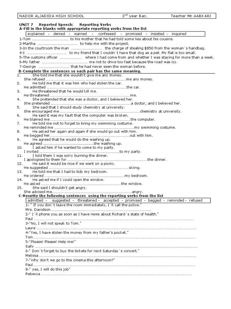 UNIT 7 Reported Speech Using Different Reporting Verbs | PDF | Violence