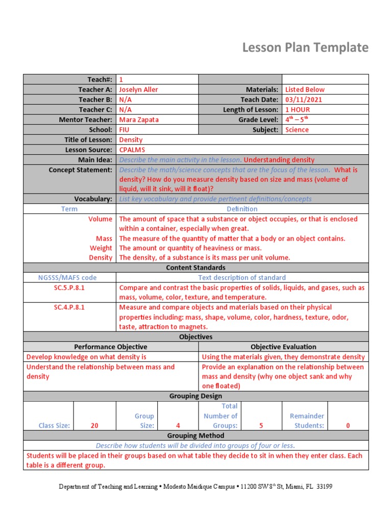 Density 5E Lesson Plan | PDF | Density | Lesson Plan
