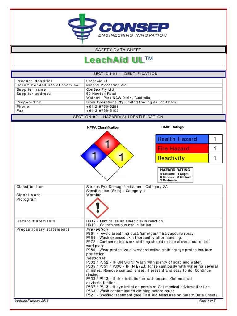 Leachaid Ul: Health Hazard 1 Fire Hazard 1 Reactivity 1 | PDF ...