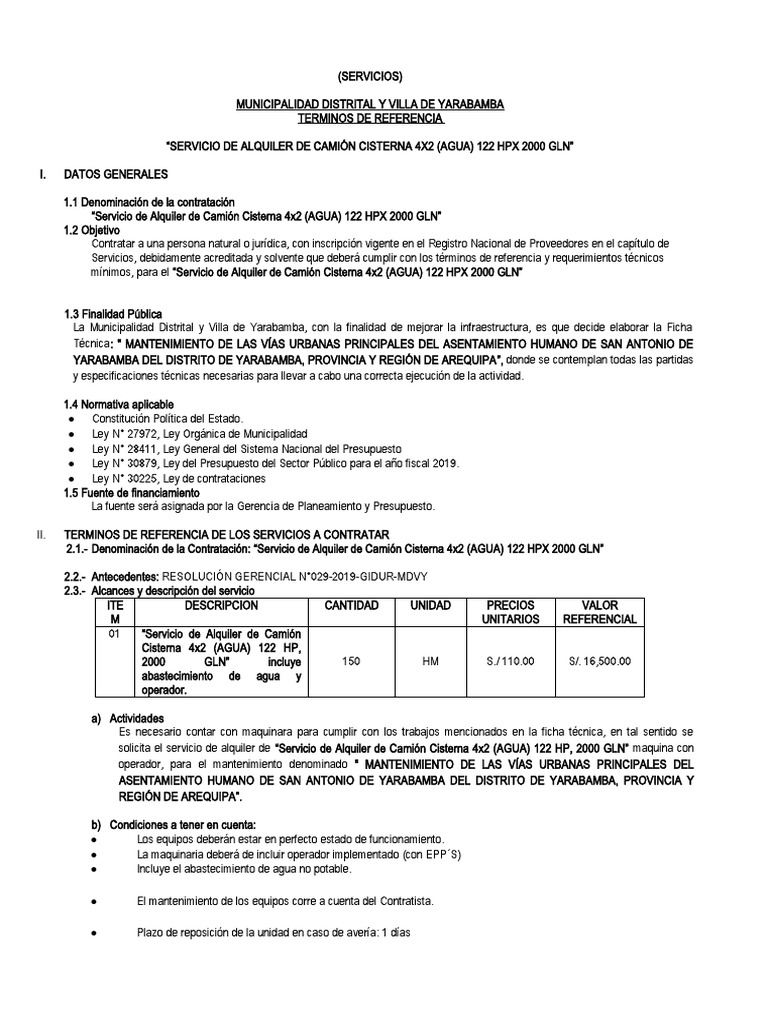 TDR Alquiler de Cisterna | PDF | Presupuesto | Economias