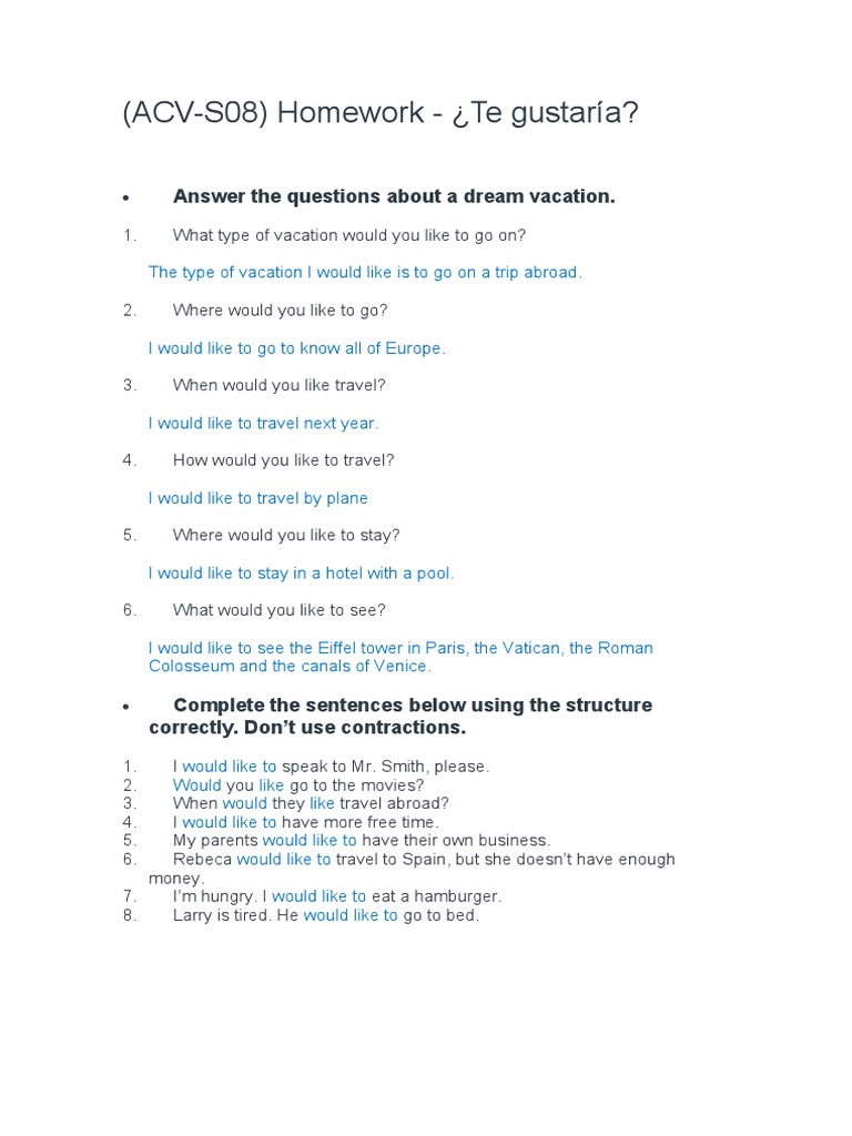 (ACV-S08) Homework - ¿Te Gustaría?: Answer The Questions About A Dream ...