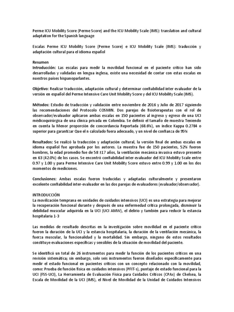 Perme ICU Mobility Score TRADUCCION | PDF | Traducciones | Unidad de ...