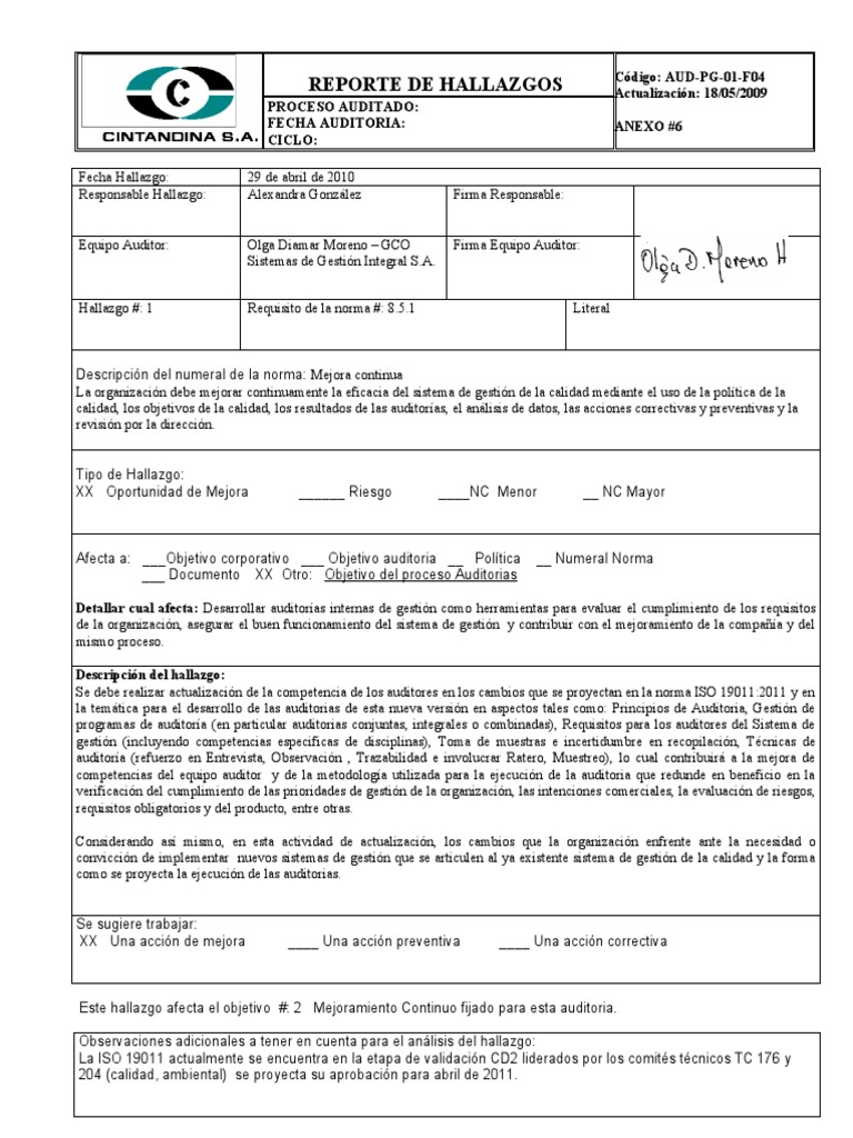 Anexo 6 Reporte Hallazgos de Auditorias 1 | PDF | Sistema de manejo de calidad | Auditoría