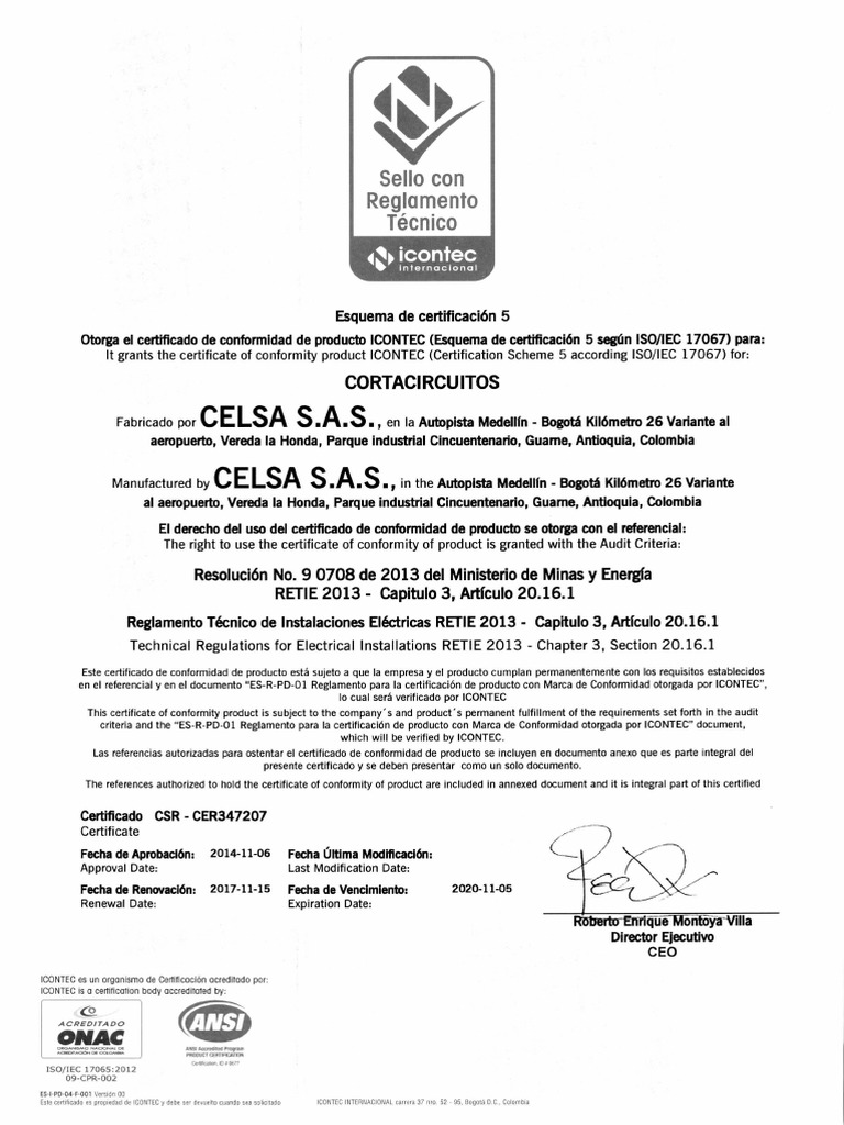 Certificación de Cortacircuitos CELSA S.A.S. | PDF | Bogotá | Energía y ...